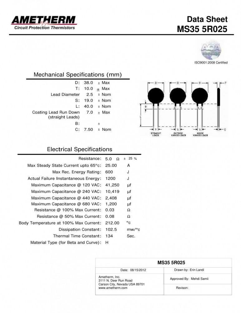 Ametherm MS35 5R025 technical document page