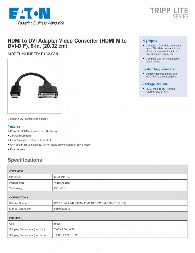 EATON P132-08N technical document page 1