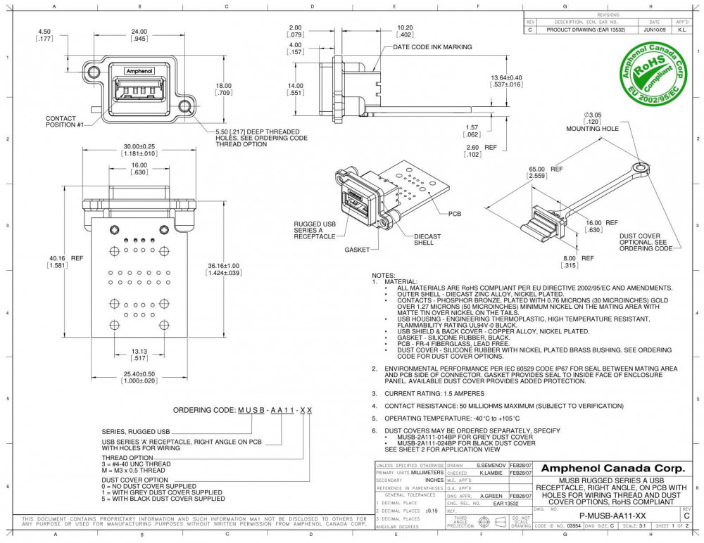 Amphenol MUSBAA1130 technical drawing page 1