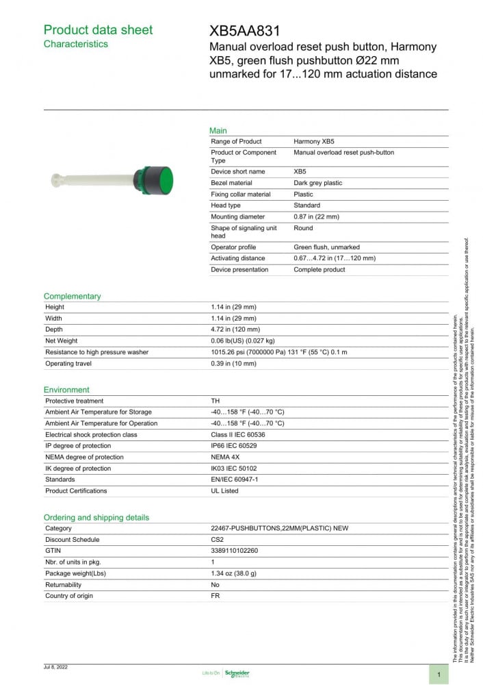 XB5AA831 technical documentation page 1