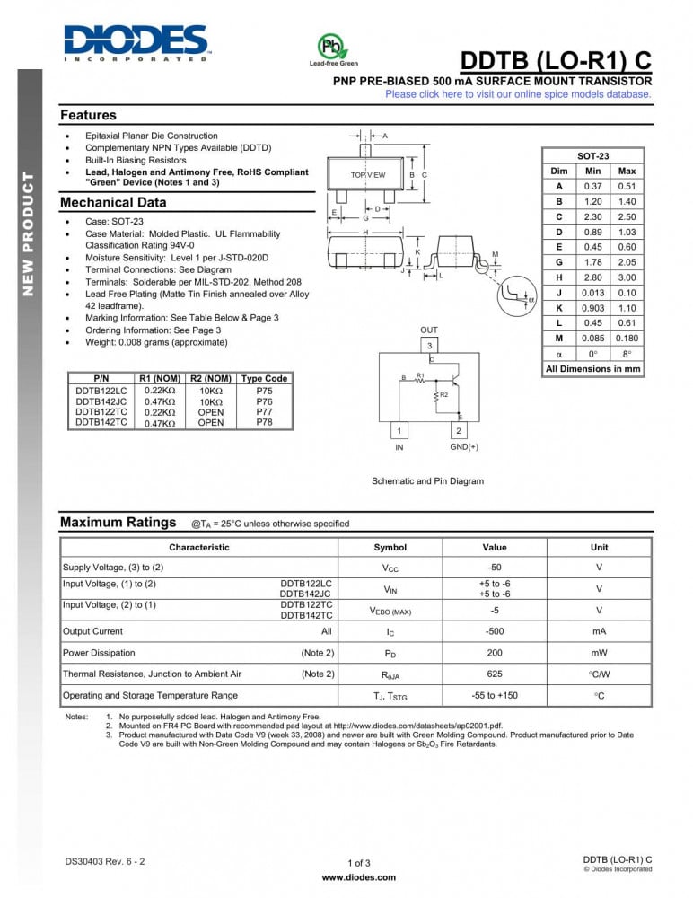 DDTB122TC-7-F datasheet page 1