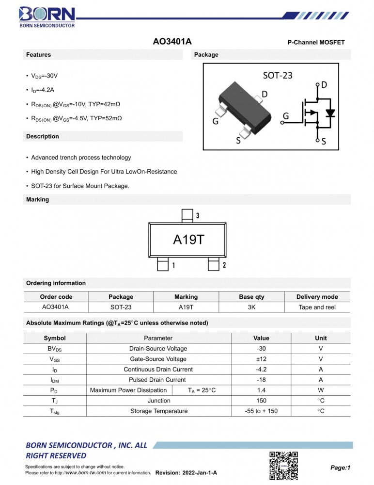 AO3401A datasheet page 1