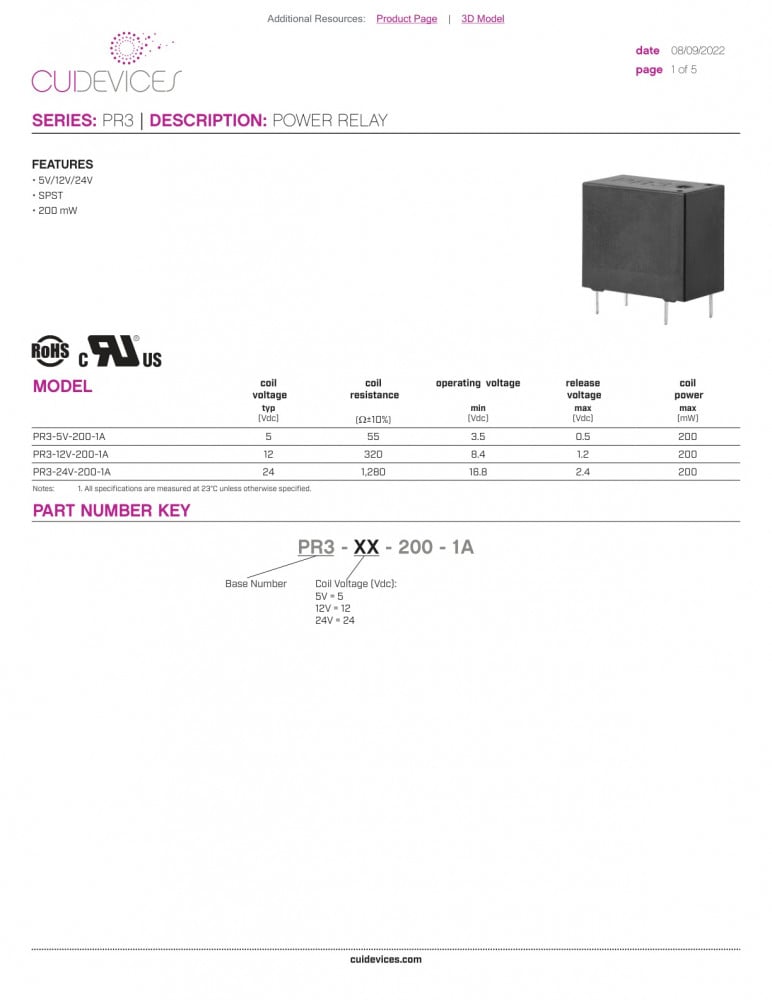 PR3 relay datasheet page 1