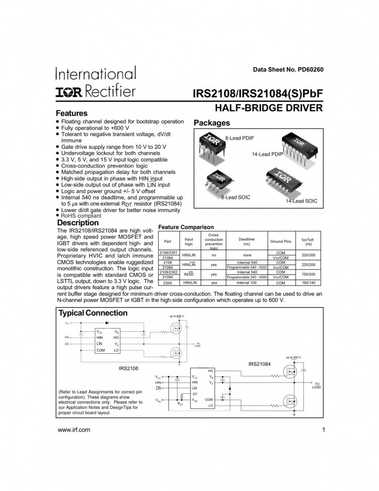 IRS21084SPBF datasheet page 1