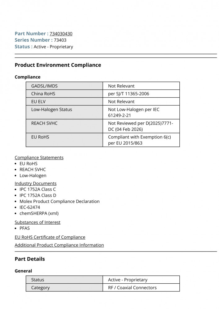 MOLEX 734030430 technical document preview, page 1