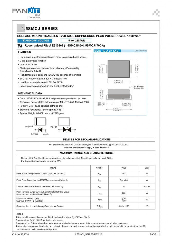 PANJIT 1.5SMCJ series datasheet page 1