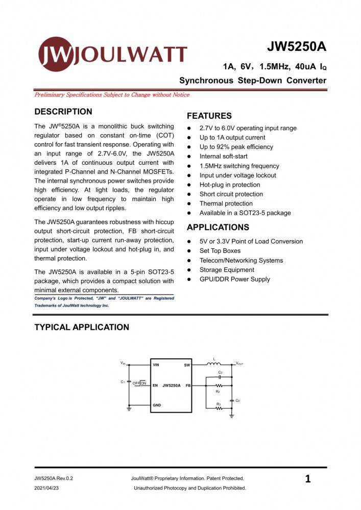 JW5250A datasheet page 1