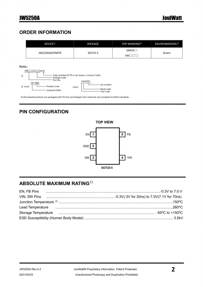 JW5250A datasheet page 2