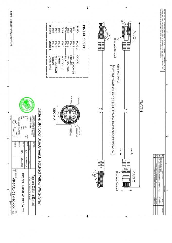 Amphenol MP-6ARJ45SNNK-020 technical drawing page 1