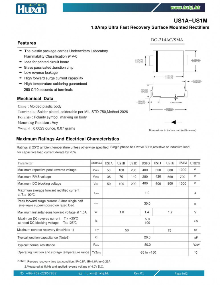 Huixin US1J datasheet page 1