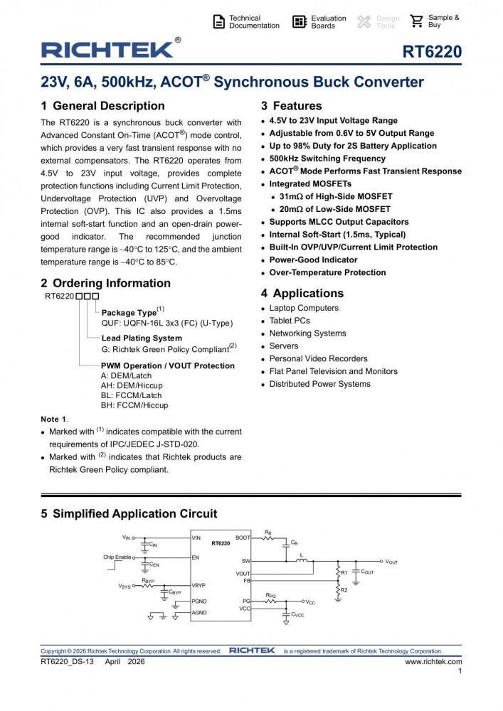 RT6220 datasheet page 1