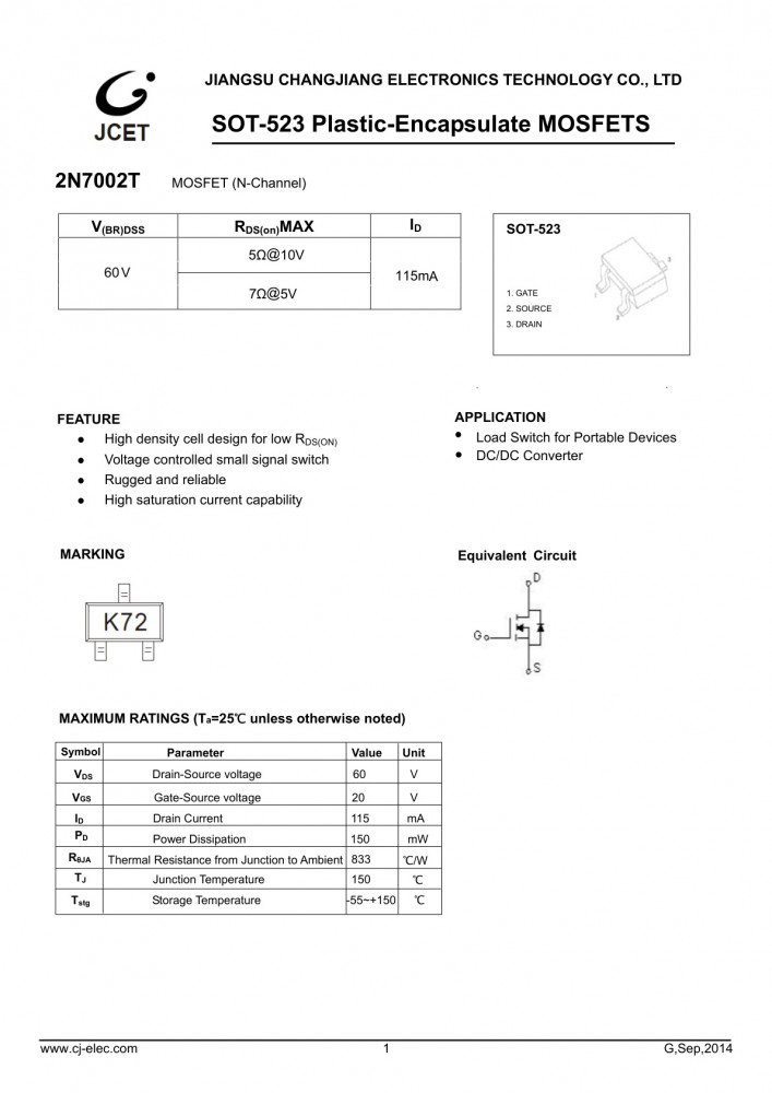 2N7002T datasheet page 1