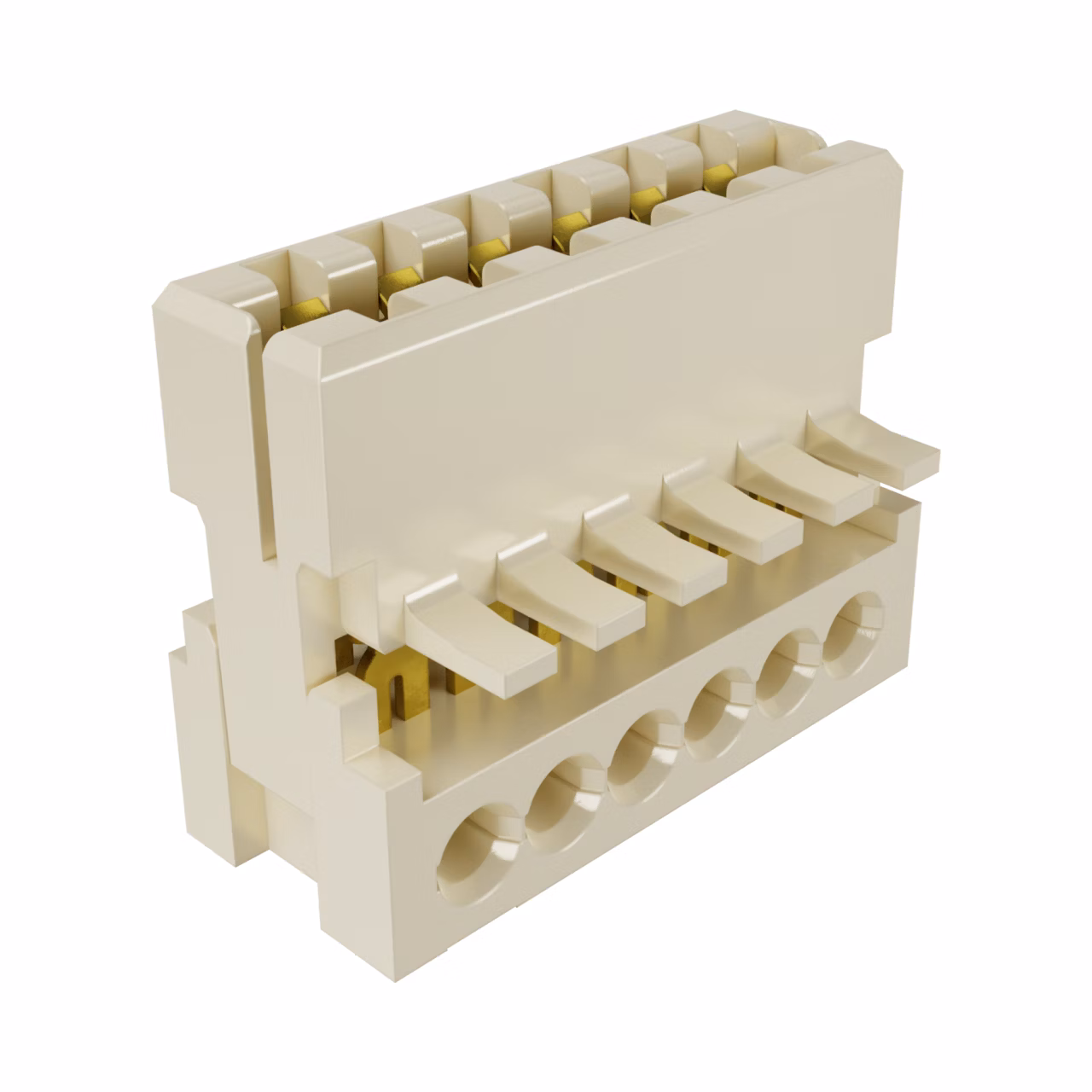 Appli-Mate RAST 2.5 Connector, 2.50mm Pitch, Female, 7 Circuits, Positions A and H Removed, Polarizing Rib Between 2/3, Locking Pips, Slotted Endwalls, Tin Plating