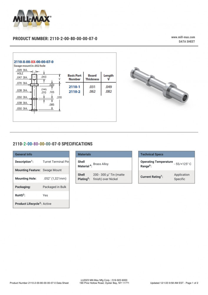 Mill-Max 2110 series drawing page 1