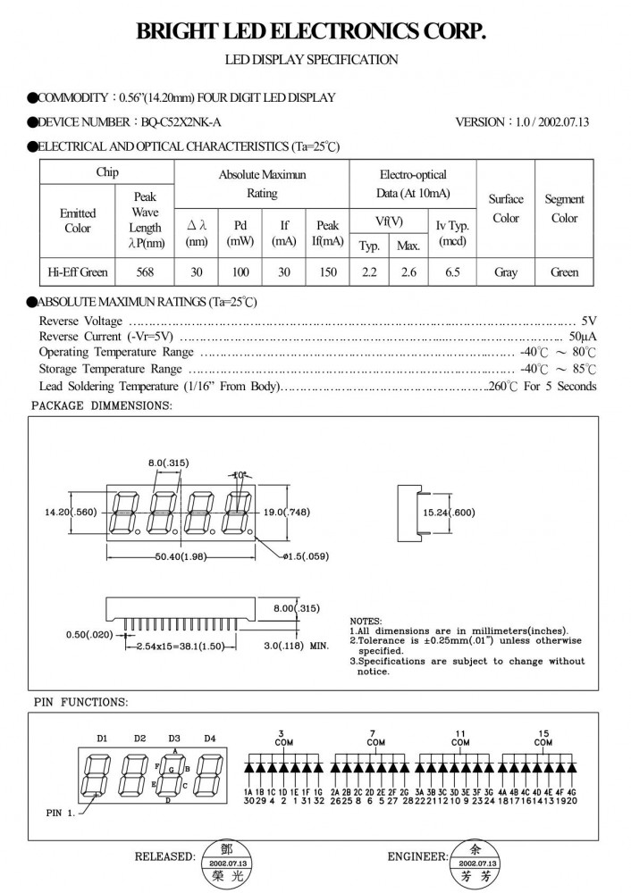 BQ-C52X2NK-A product specification, page 1