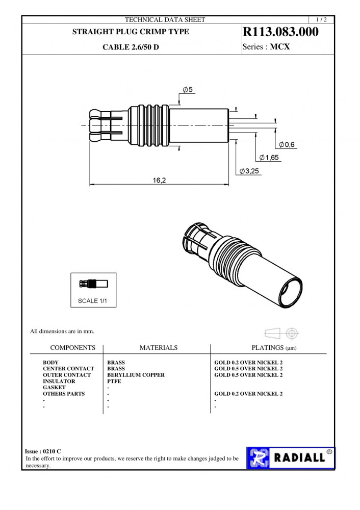 Radiall R113083000 technical datasheet page 1