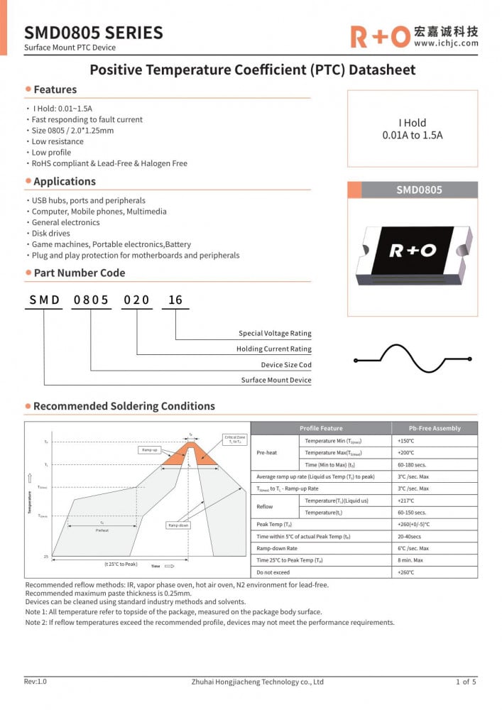 R+O SMD0805 PTC datasheet page 1