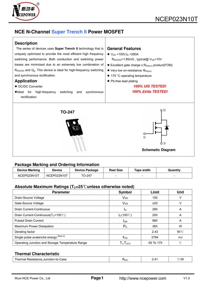 NCEP023N10T datasheet page 1