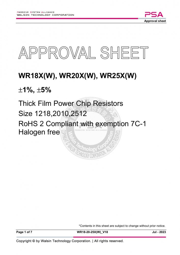 PSA WR25 series datasheet page 1