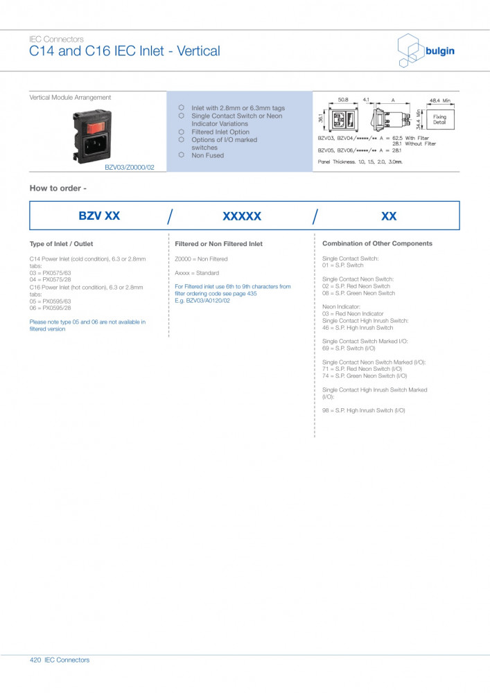Bulgin BZV power entry module documentation page 5