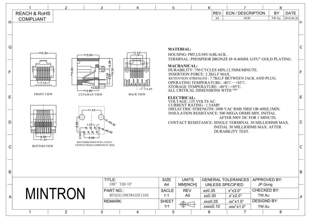 MINTRON MT52A1188IWA1DY1165 technical drawing