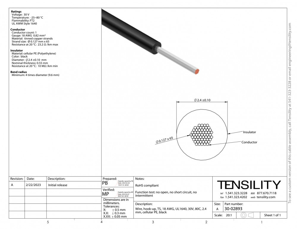 Tensility International 30-02893 product drawing and wire specifications