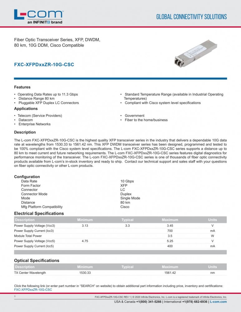 FXC-XFPD33ZR-10G-CSC datasheet page 1