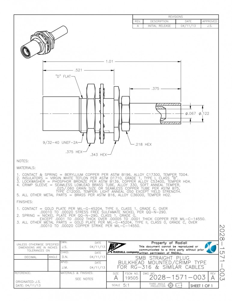 Radiall 2028-1571-003 SMB straight plug drawing page
