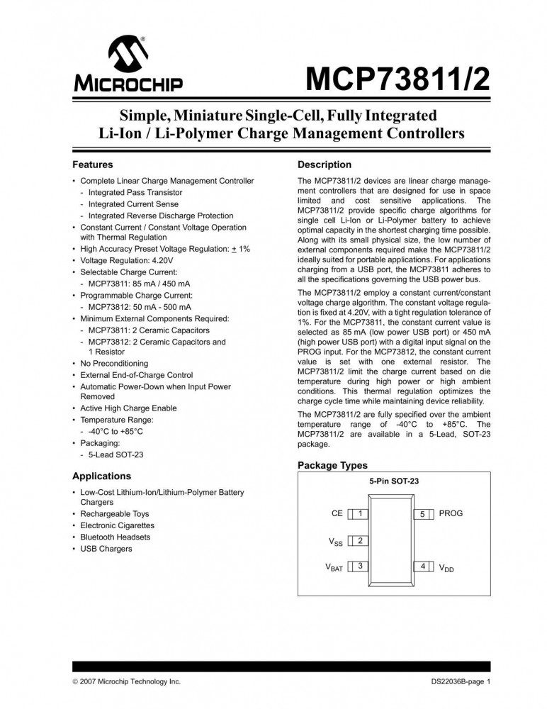 MCP73812T-420I/OT datasheet page 1