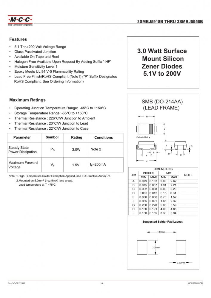 MCC 3SMBJ5934B-TP datasheet page 1