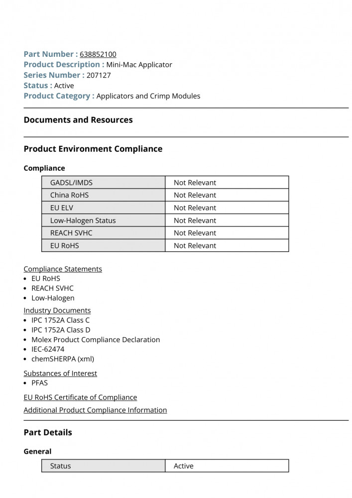 Product documentation image 1 for Molex 638852100