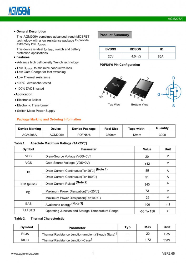 AGM206A datasheet page 1