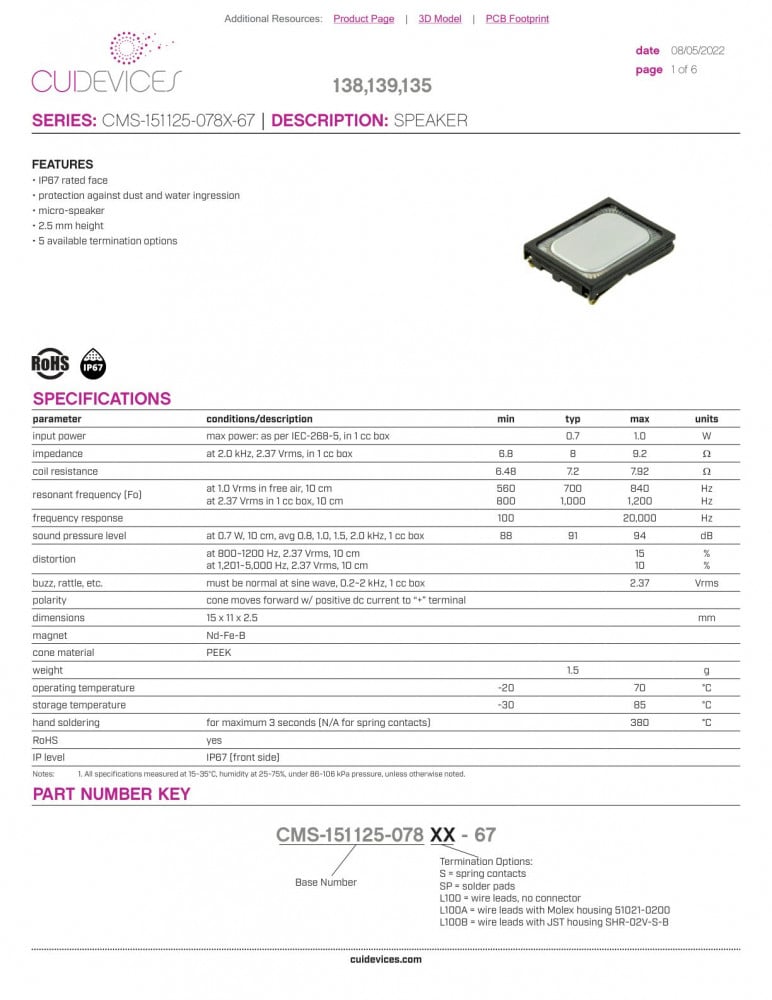 CUI CMS-151125-078L100-67 datasheet page 1