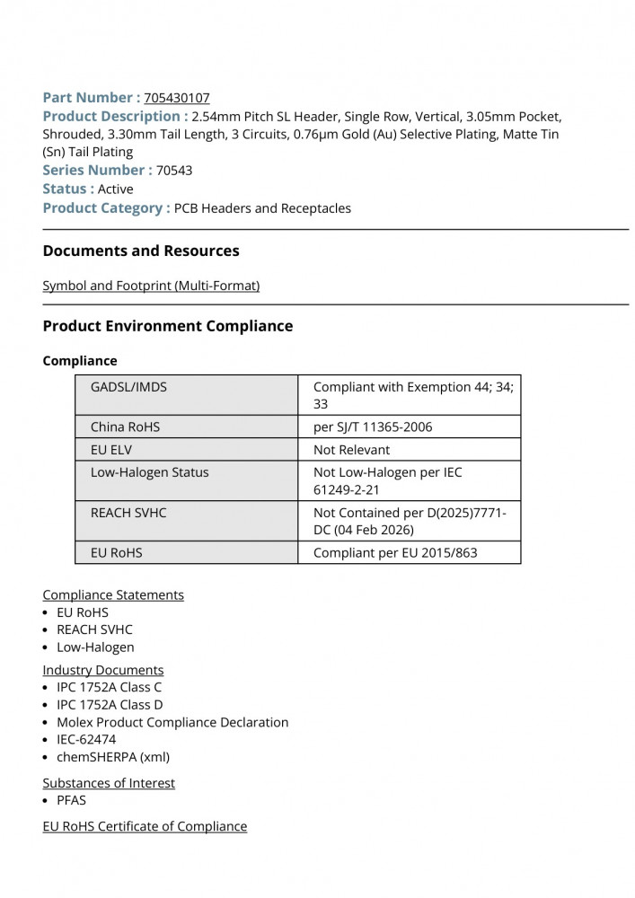 MOLEX 705430107 document image, page 1