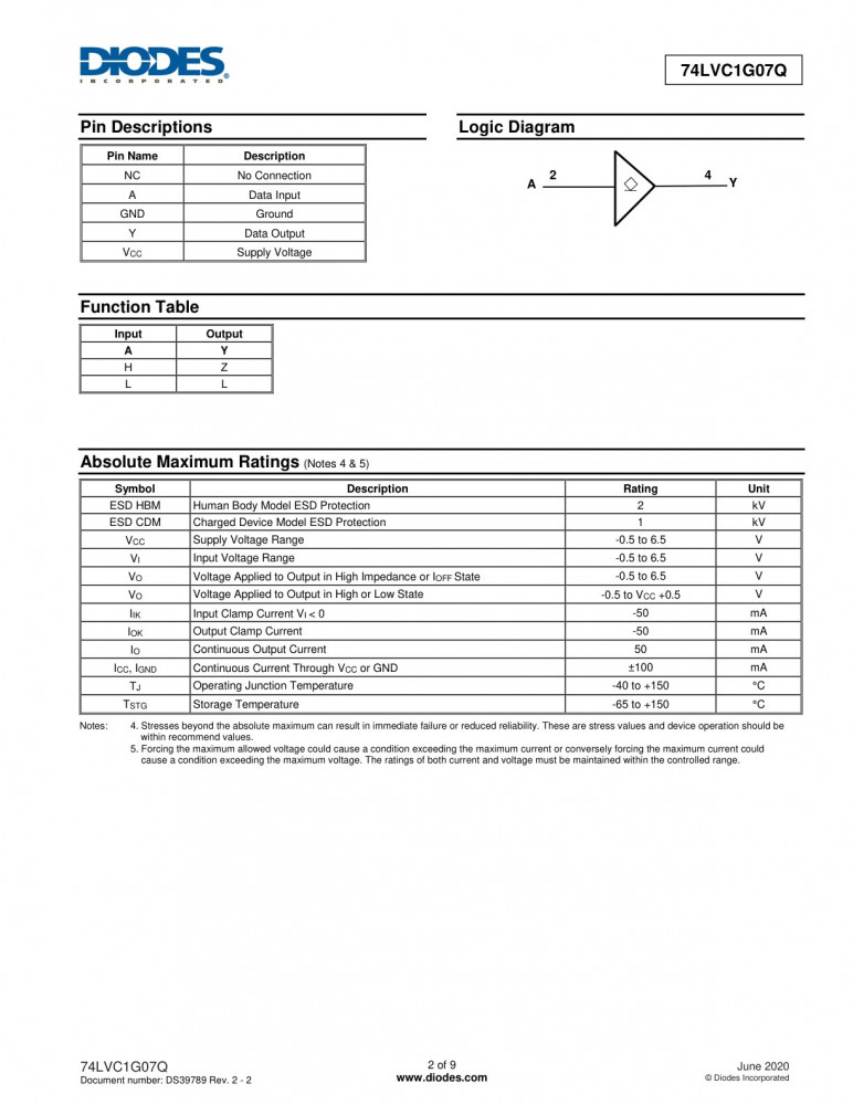 74LVC1G07QW5-7 datasheet page 2