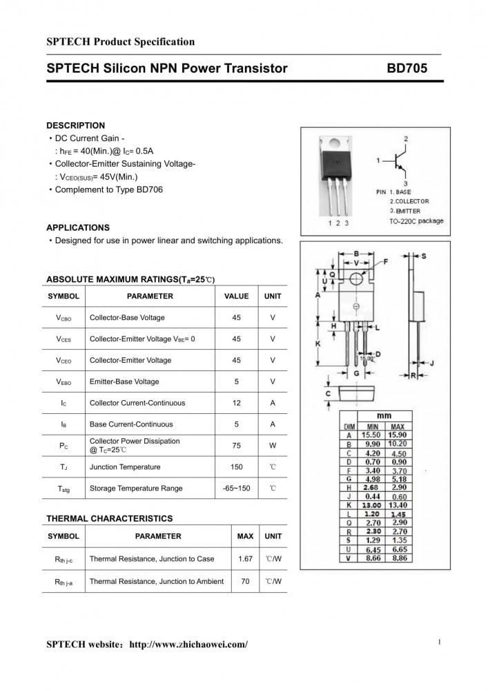 SPTECH BD705 datasheet page 1