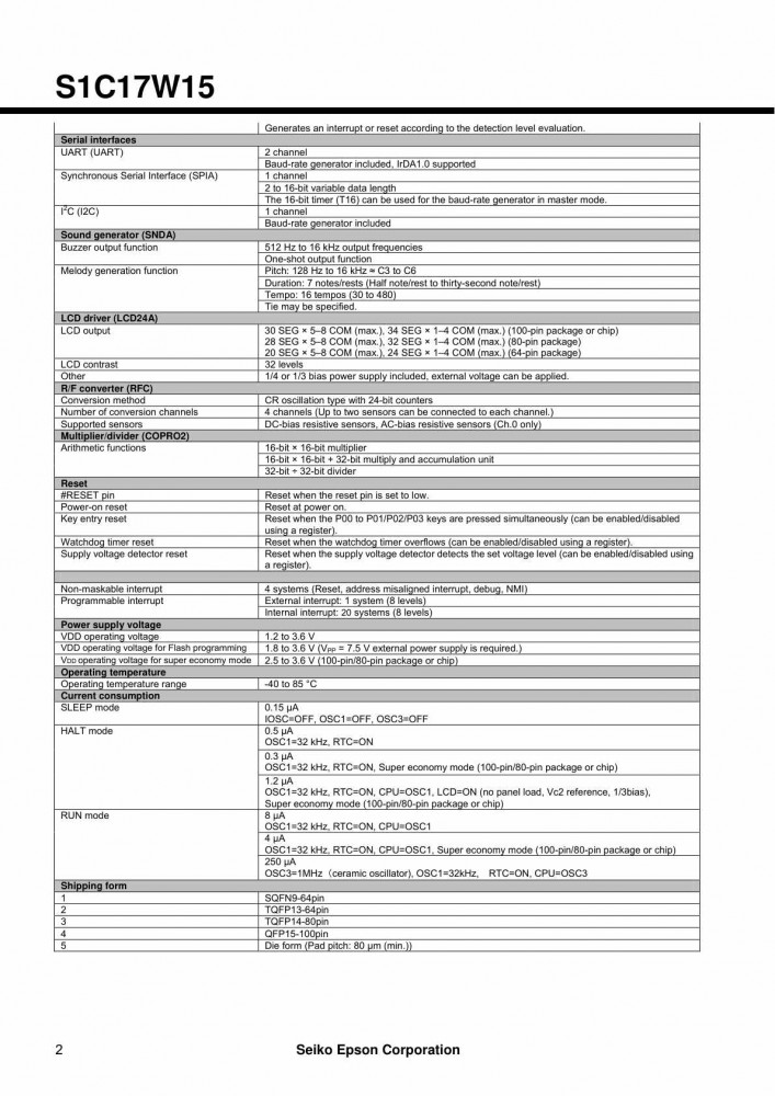 S1C17W15 technical document page 2