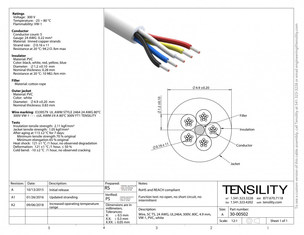 Tensility International 30-00502 cable product drawing and specification sheet