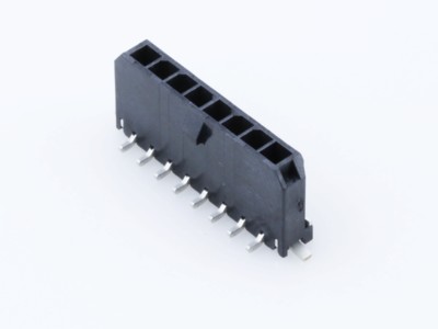 Micro-Fit 3.0 Vertical Header, 3.00mm Pitch, Single Row, 8 Circuits, with Solder Tab, 0.38µm Gold Plating, Glow-Wire Capable, Black, Tape and Reel