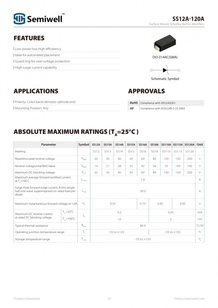Semiwell SS12A datasheet page 1
