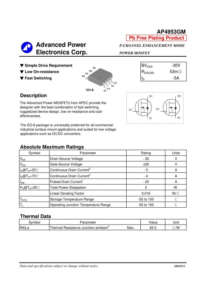 AP4953GM datasheet page 1