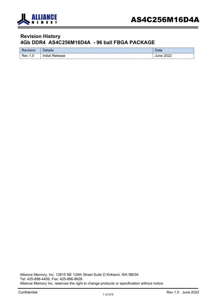 AS4C256M16D4A-75BCN datasheet page 1