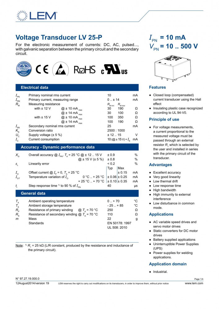 LEM LV25-P datasheet page 1