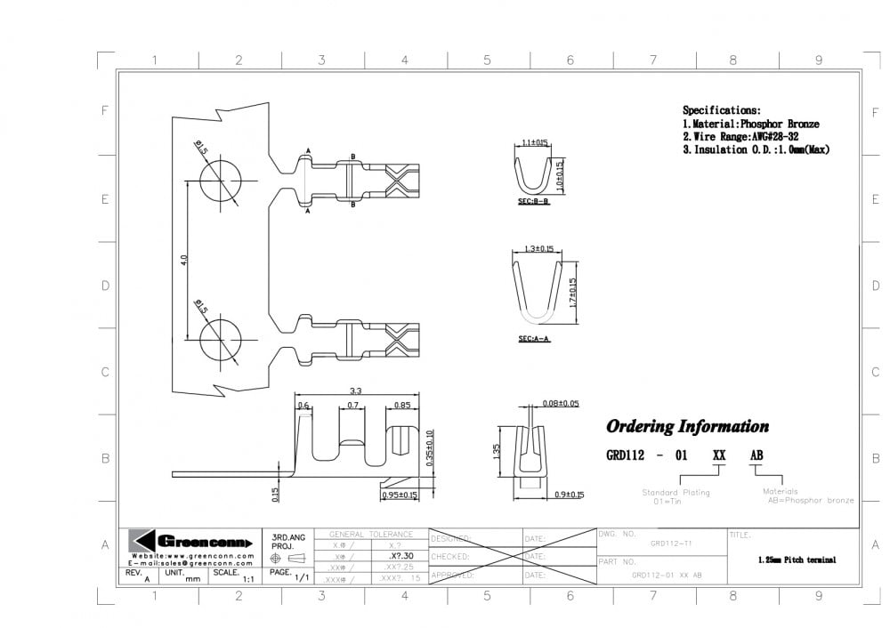 GREENCONN GRD112-T1 REV.A 1.25 mm pitch terminal drawing