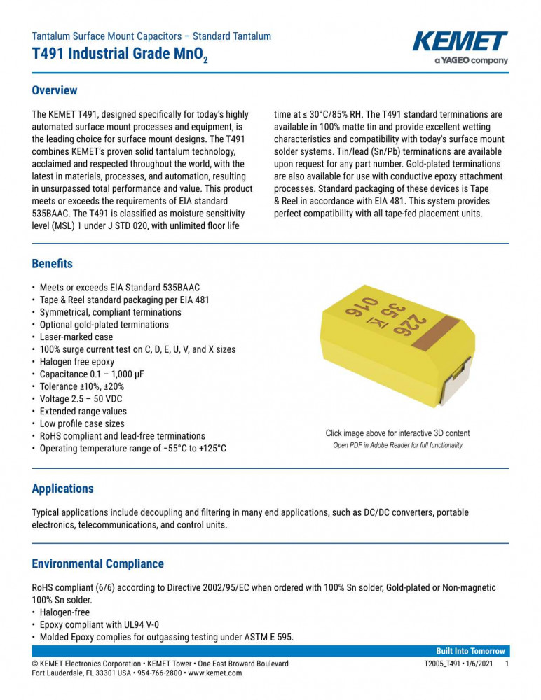 KEMET T491 datasheet page 1