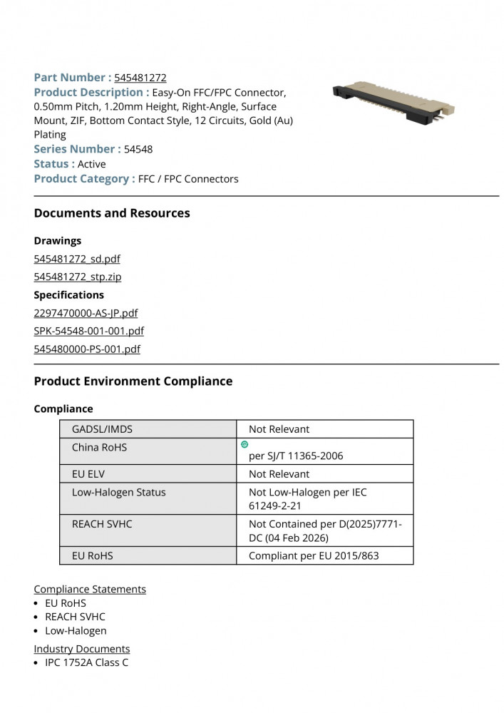 MOLEX 545481272 product documentation image 1