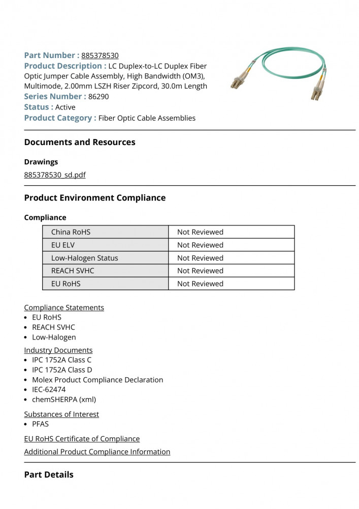 MOLEX 885378530 product drawing, page 1