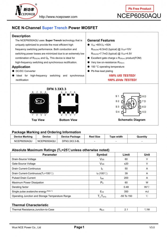NCEP6050AQU datasheet page 1