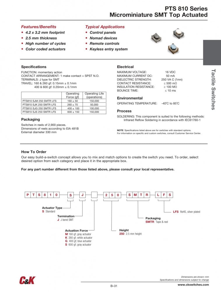 C&K PTS810 technical document page 1