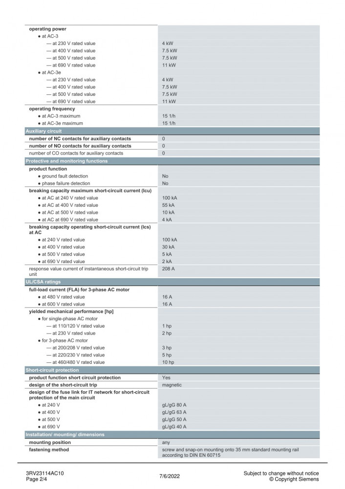 3RV23114AC10 datasheet page 2